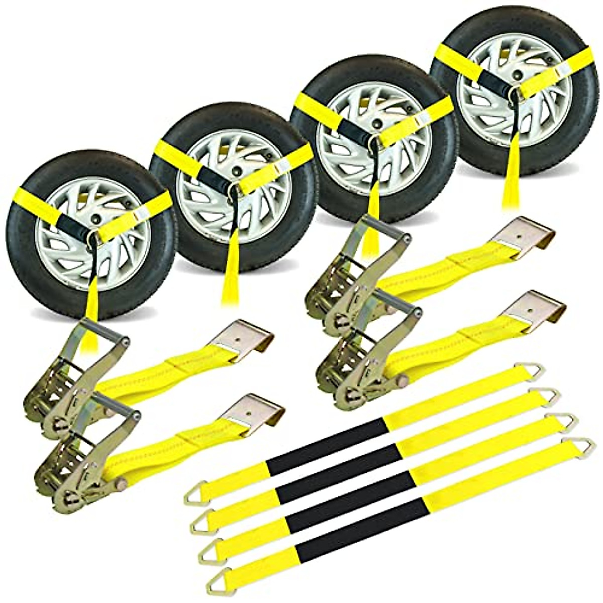VULCAN Economy Car Tie Down Kit with 4 Lasso Straps, 4 Flat Hook Ratchets, and 4 Free 36 Inch Axle Straps - 3,300 Pound Safe Working Load