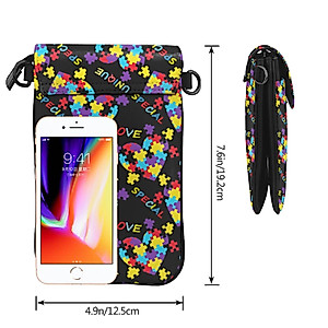Aiyoolee Womens Small Crossbody Bag Colorful Autism Awareness Puzzle Pieces Heart Black, Smart Phone Pouch, Soft Leather Shoulder Bag for Passports Coin Card with Zipper and Adjustable Strap
