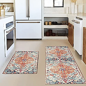Boho Style Kitchen Rugs and mats Set of 2,Farmhouse Kitchen Mat for Sink,Non Slip Absorbent Stain Resistant Floor Mat for Kitchen Laundry Room Rug Area Runner Rug Orange