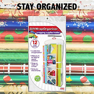 Gift Wrap Organizer - Storage for Wrapping Paper (All Sized Rolls), Gift Bags, Bows, Ribbon and More - Organize Your Closet with this Hanging Bag & Box to Have Organization, Clear Pockets & Hook Hangs