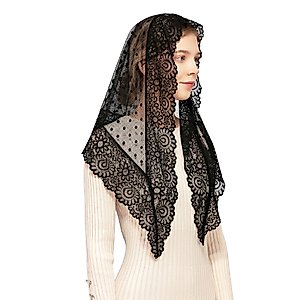 Wgior Triangle Vintage Inspired Lace Chapel Veils Catholic Mass Head Covering Scarf Mantilla Veils for Church (Black)