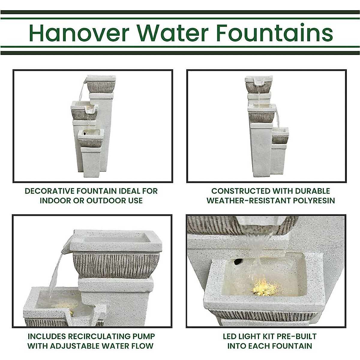 29.5-in. 3-Tier Tri-Column Indoor or Outdoor Garden Fountain with LED Lights for Patio, Deck, Porch