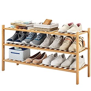 Furshus Long Shoe Rack, 3-Tier Bamboo Stackable Shoe Shelf Storage Organizer, Shoe Stand for Closet, Entryway and Hallway