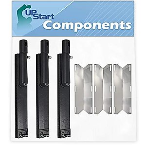 3-Pack BBQ Gas Grill Tube Burner & Heat Shield Plate Tent Replacement Parts for Jenn Air 720-0099-NG - Compatible Barbeque 16" Cast Iron Pipe Burners & Flame Tamer, Guard, Deflector, Flavorizer Bar