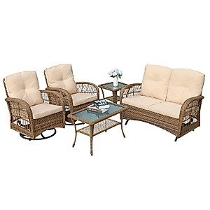 MEETWARM 5 Pieces Outdoor Patio Rattan Furniture Sets, All Weather Patio Wicker Conversation Set - 2 Rocking Swivel Chairs 1 Rattan Loveseat Glider with Cushions, 2 Glass-Top Coffee Table, Beige