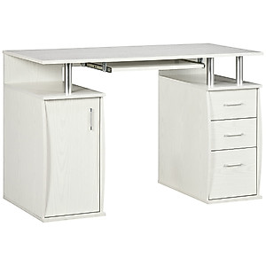HOMCOM 47" Computer Desk with Keyboard Tray and Storage Drawers, Home Office Workstation Table with Storage Shelves, White Wood Grain