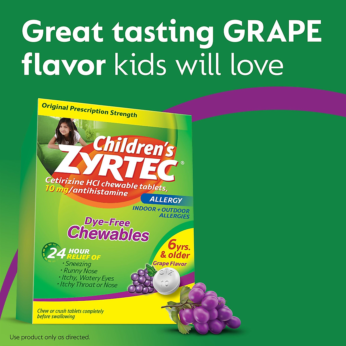 Zyrtec Children's Dye-Free Chewables for 24 Hour Allergy Relief, 10 mg Cetirizine HCl Antihistamine Tablets, Kids Allergy Medicine Relieves Sneezing & Itchy Nose & Throat, Grape, 24 ct