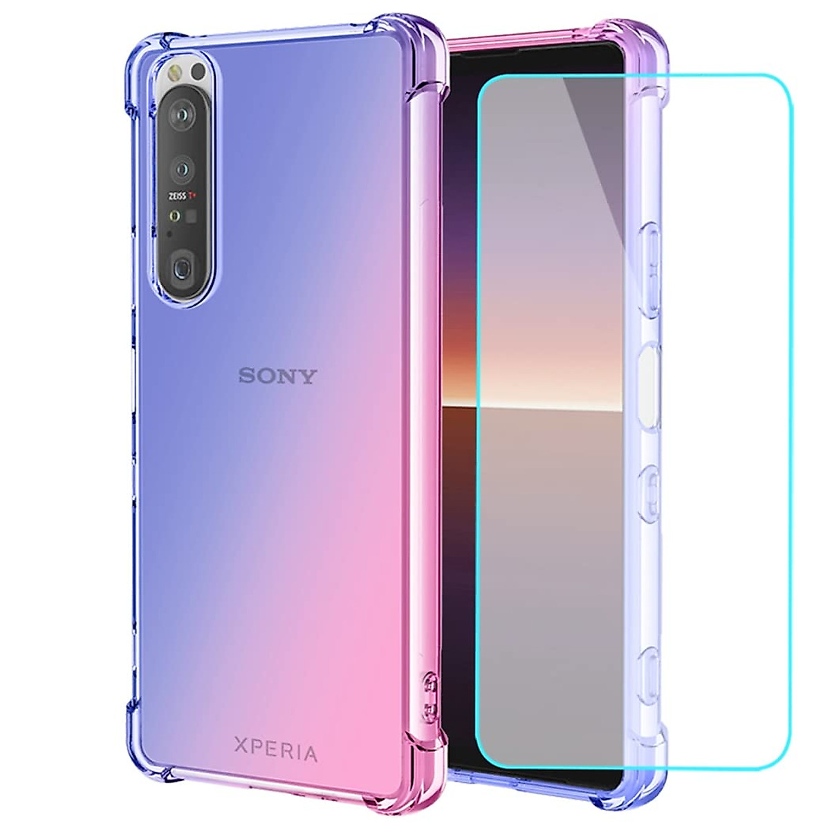 Vokuha for Xperia 1 II Case, XQ-AT51, XQ-AT52 Case with Tempered Glass Screen Protector,Cute Clear Gradient Slim Shockproof TPU Back Phone Protective Cover for Sony Xperia 1 II (Blue/Pink)