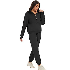 COZYPOIN Women Fleece 2 Piece Outfit Half Zip Sweatshirt and Joggers Sweatpants Y2K Set Tracksuit(Black-M)