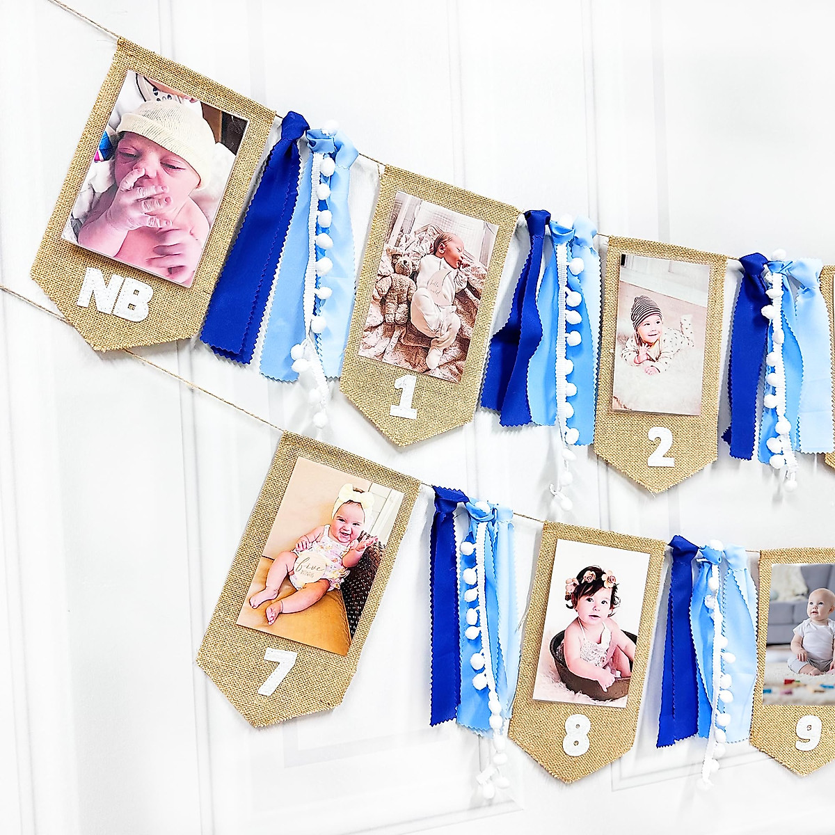 pinkblume 1st Birthday Burlap Photo Banner Garland Handmade Felt from Newborn to 12 Months with Gradient Blue Ribbon for Monthly Milestones Baby Boy First Birthday Party Decorations Supplies