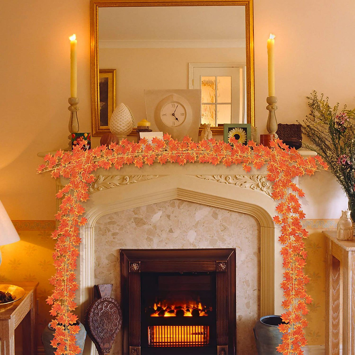 Fall Leaf Garland - Fall Leaves Decor Autumn Leaf Garland Hanging Vines Artificial Fall Maple Leaves 12 Pack - Thanksgiving Halloween Leaves Garland Christmas Decor for Home Garden Party Fireplace