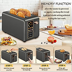 SEEDEEM Toaster 4 Slice, Long Slot Toaster with LCD Display Touch Buttons, 7 Shade Settings, 6 Bread Selection, Stainless Steel Toaster for Bagel, Defrost, Cancel, Removable Crumb Tray, 1400W, Dark Metallic