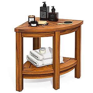 DWVO Teak Shower Bench 18" Shower Stool Corner Bench with Storage Shelf, Corner Seat for Inside Shower, Shower Stool Seat with Non-Slip Feet for Bathroom, Living Room, Indoor and Outdoor Use