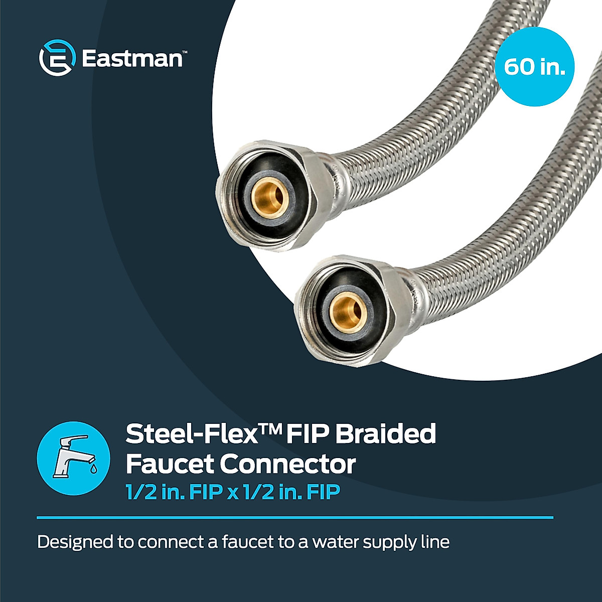 Eastman 60 inch Steel-Flex Faucet Connector, 1/2 Inch FIP x 1/2 Inch FIP, Braided Stainless Steel Faucet Supply Line, 48022