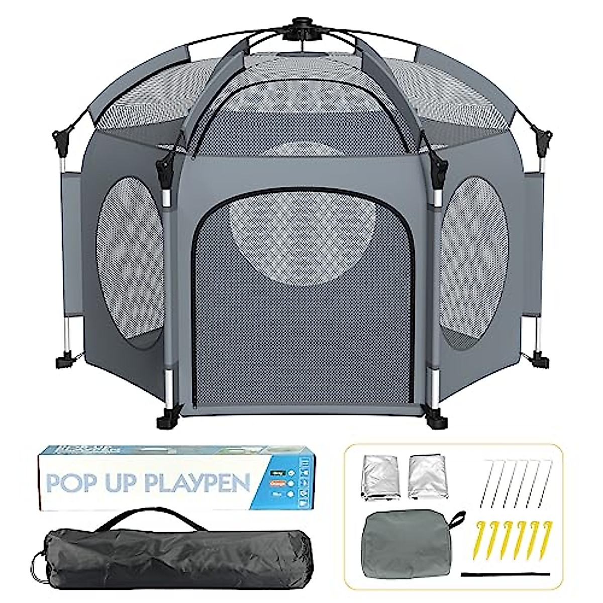 Portable Playpen for Babies and Toddlers - PRObebi Pop Up Playpen for Baby with Three Sun-Shade, Lightweight Outdoor Play Yard - Beach Playpen with Travel Bag - for Home & Indoor Use - Grey