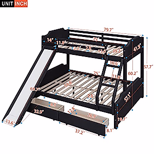 TARTOP Twin Over Full Upholstered Bunk Bed with Slide and Storage, Solid Wood Bunk Bed Frame with Two Drawers, Convertible Slide and Ladder, Headboard and Footboard, for Kids Teens Adults,Black
