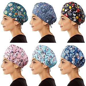 Syhood 6 Pieces Button Bouffant Hats Working Caps Adjustable Printed Sweatband Caps for Women Men Nursing Surgical Caps with Button (Unicorn Style) Multicoloured