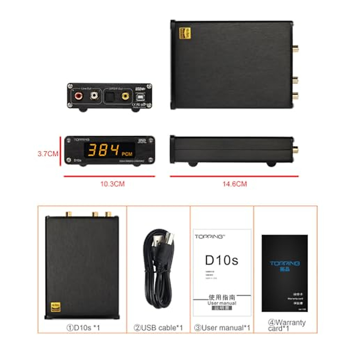 Topping D10s DAC HiFi USB DAC XU208 ES9038Q2M DSD256 384kHz USB Input Coax/Opt/RCA Output Mini Desktop Audio Decoder (Silver)