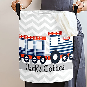 Chevron Train Personalized Freestanding Laundry Hamper, Custom Waterproof Collapsible Drawstring Basket Storage Bins with Handle for Clothes