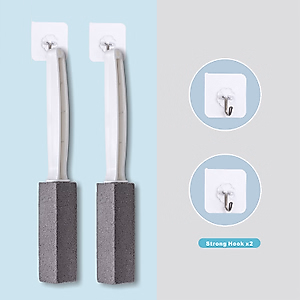 Pumice Stone Brush Toilet Bowl Cleaner with Extra Long Handle, 100% Natural Pumice Toilet Brush, Stain Remover Cleaning Brushes for Bath/Pool/Kitchen/BBQ Cleaning - 2 Pack with 2 Hooks
