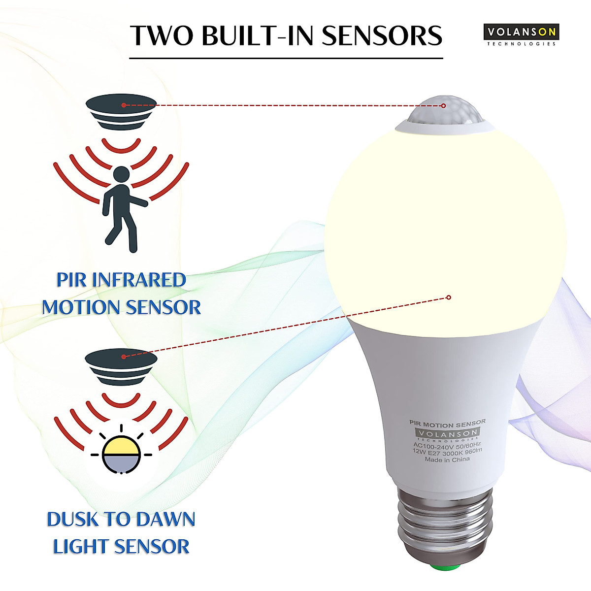 VOLANSON TECHNOLOGIES Motion Sensor Light Bulbs with Dusk to Dawn Sensor Indoor Motion Detector Bulb for Front Door, Porch, Garage, Security Automatic LED Lightbulb 12W Warm White 3000K E27