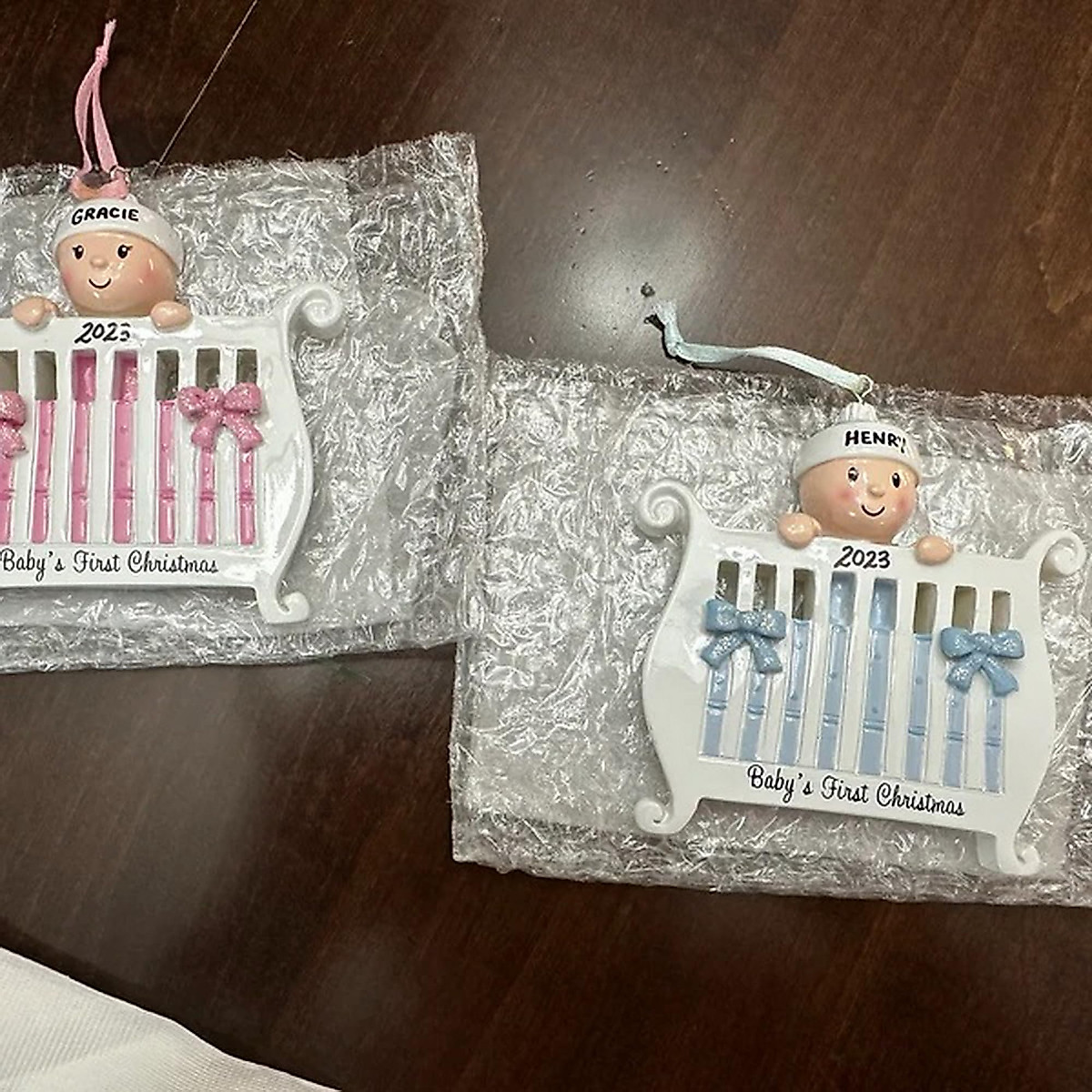 Personalized Baby in a Crib First Christmas Ornament (Blue)