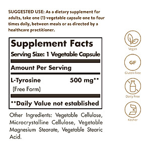 Solgar L-Tyrosine 500 mg, 100 Vegetable Capsules - Brain & Nervous System Support - Vegan, Gluten Free, Dairy Free, Kosher - 100 Servings
