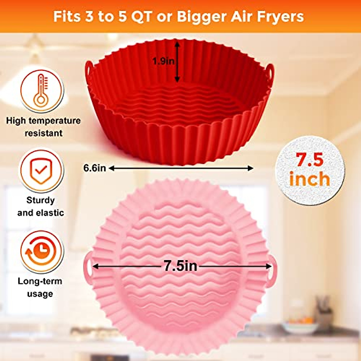 2 Pack Air Fryer Silicone Pots, 7.5 '' 3 to 6 QT Round Reusable Air Fryer Silicone Liner Bowl Basket Tray Accessories for COSORI Instant Vortex Ninja Nuwave Chefman Ultrean GoWISE Power XL Air Fryer