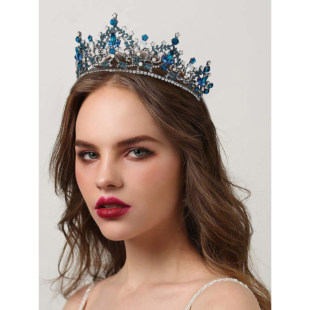 SWEETV Blue Tiara Crown for Women, Frozen Elsa Princess Crown, Gothic Wedding Tiara for Bride, Black Crystal Hair Accessories for Birthday Quinceanera Pageant Prom