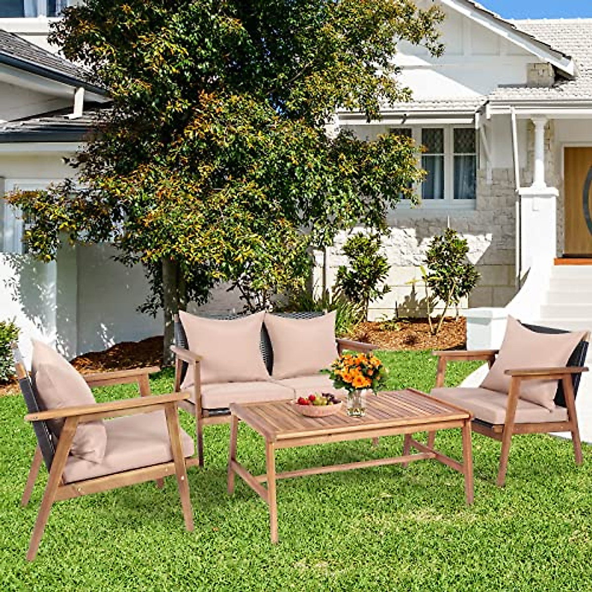 Tangkula 4-Piece Patio Furniture Set, Outdoor Acacia Wood Conversation Set with Cushions and Coffee Table, Outdoor PE Wicker Sectional Sofa Set for Garden, Poolside and Backyard (1, Beige)