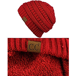 C.C Unisex Chunky Soft Stretch Cable Knit Warm Fuzzy Lined Skully Beanie, Red