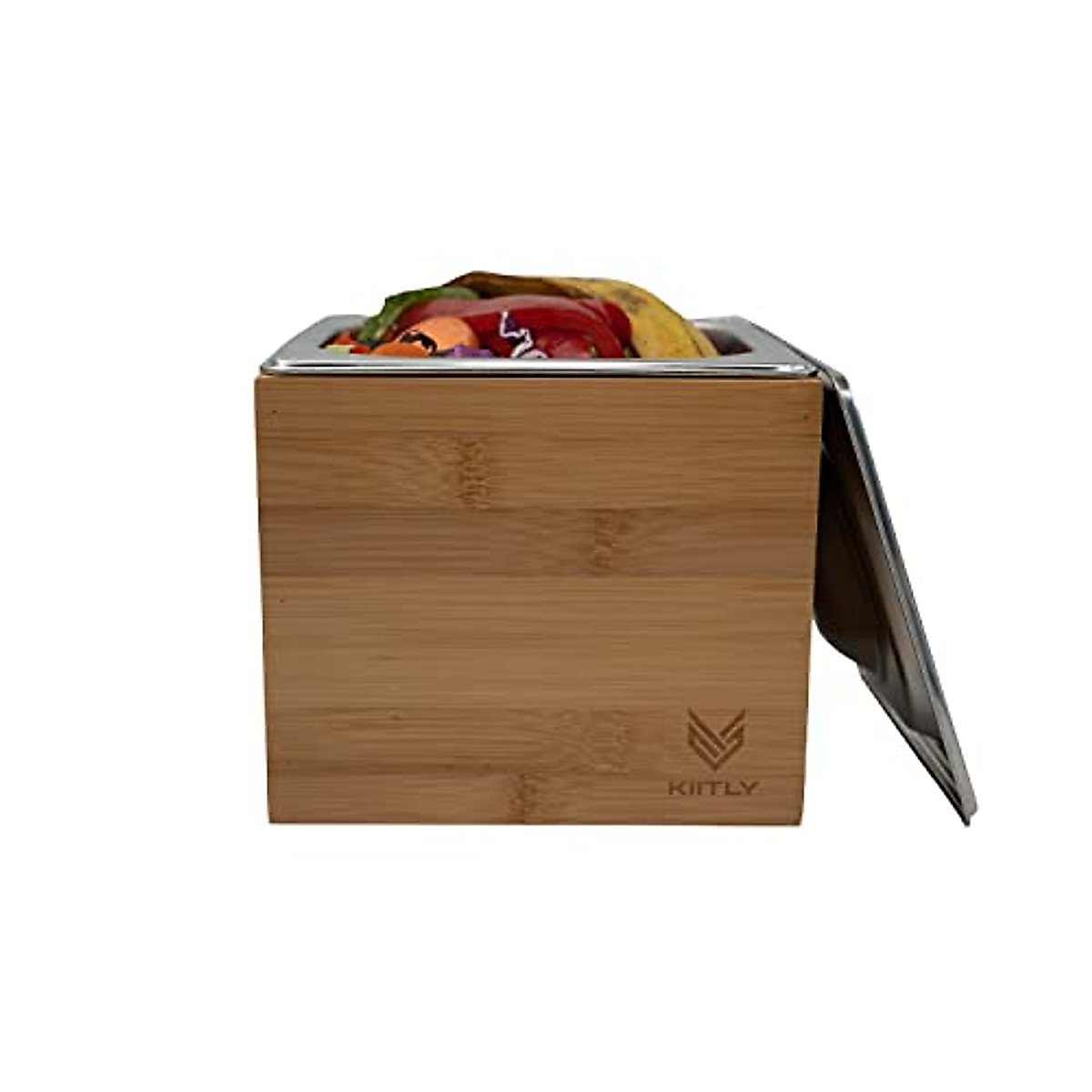 KIITLY | Countertop Compost Bin for Kitchen - Indoor Composter with Lid | Smell Proof, Odorless, and Stainless Steel Food Scrap Container with Wood Box (Bamboo, Small)
