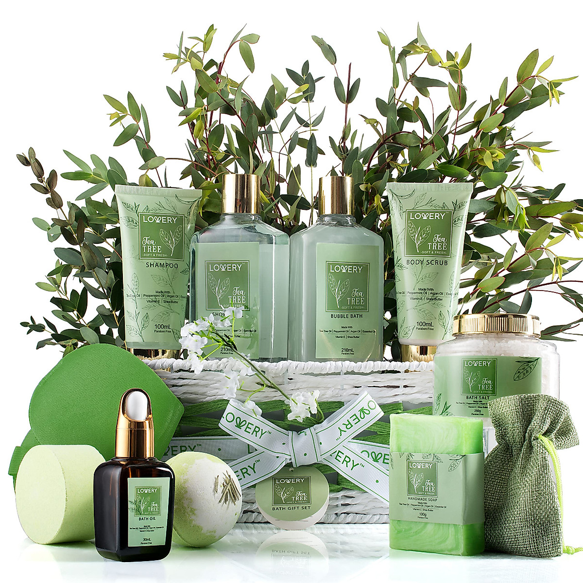 Tea Tree Bath Set - Luxury Home Spa Set with Calming Mint Fragrance – 15 pc Relaxation Gift Basket with Tea Tree Bath Oil,Shower Gel, Bubble Bath, Handmade Soap, Steamer Tablet, Potpourri & More