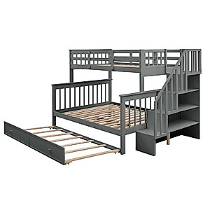 Twin Over Full Bunk Bed with Stairs and Trundle Wood Stairway Bunk Beds with Storage Shelf for Kids Boys Girls Teens, Gray