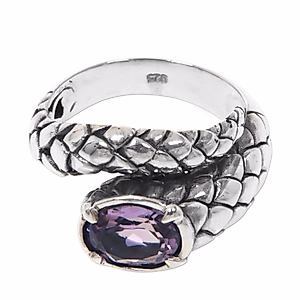 NOVICA Artisan Handmade Amethyst Ring Sterling Silver Cocktail with Snake Motif Purple Single Stone Indonesia Animal Themed Birthstone Halloween [ring Front 0.6 in L x 0.8 in W x 0.2 in D Band Width ]