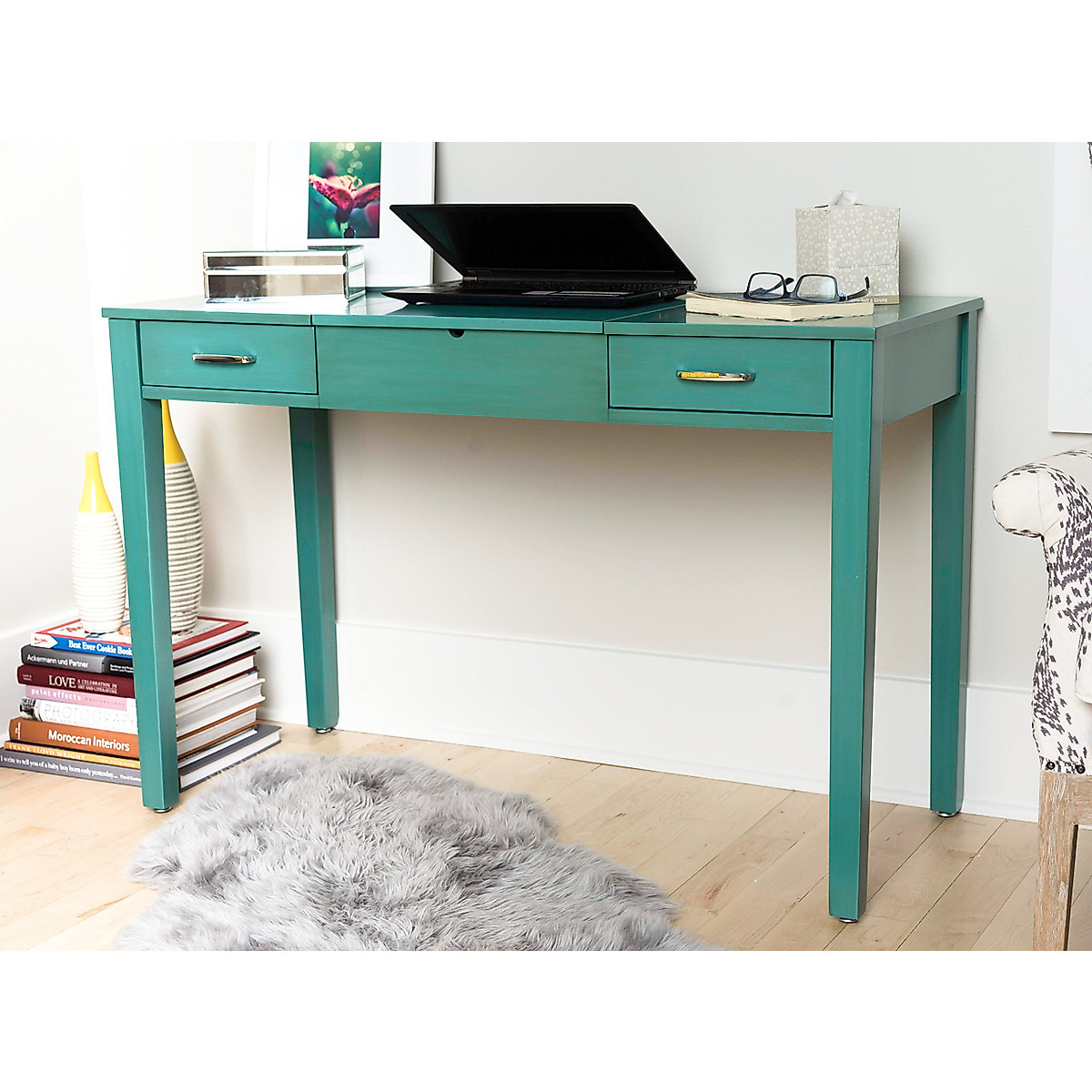 Alveare Home Aimee Makeup Dressing Table with USB and Outlet Vanity Desk, Turquoise