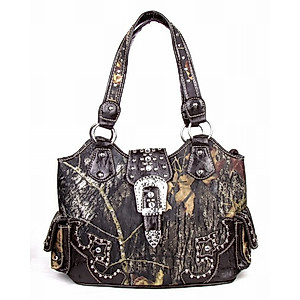 GoCowGirl Large Western Concealed Carry Weapon Purse Camouflage Camo Belt Buckle Handbag Matching Wallet (Brown)