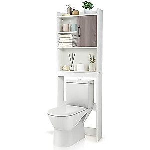 Tangkula Over The Toilet Storage Cabinet, Freestanding Tall Bathroom Organizer with Open Storage Shelves and Enclosed Storage Cabinet, Versatile Space Saver for Bathroom Toilet Laundry Room (White)