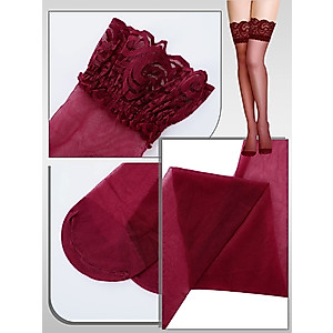 4 Pairs Women Thigh High Stockings Anti-skid Lace Sheer Tights Silky Stockings for Women and Girls Supplies (Light Purple, Burgundy, Green, Pink)