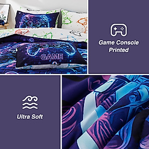 A Nice Night 5Pcs Gaming Comforter Set,Blue Purple 3D Game Contoller Themed Printing Bedding Sets for Kids Teen Boys, Reversible Comforter for All Seasons,Twin