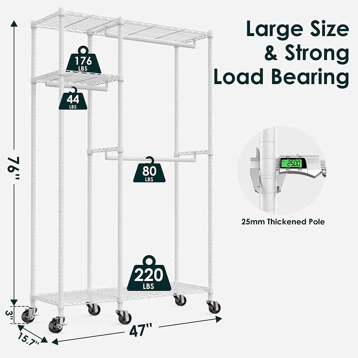 Memobarco Clothing Racks with Wheels for Hanging Clothes with Shelves, Closet Organizers and Storage Metal Heavy Duty,Rolling Wardrobe Garment-Rack Metal Wire Shelving Freestanding, White