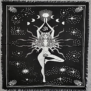 THE ART BOX Altar Cloth Tarot Cards Table Napkins Witchcraft Supplies Black Gold Tablecloth Square Alter Pagan Spiritual Celestial Deck Cloth with Fringes, Natraj-Silver, 36X36 Inch