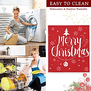 Whaline 6Pcs Christmas Swedish Dishcloths Red White Xmas Tree Snowflake Reindeer Kitchen Dish Towel Reusable for Christmas Winter New Year Baking Cooking, 6.7 x 7.7Inch