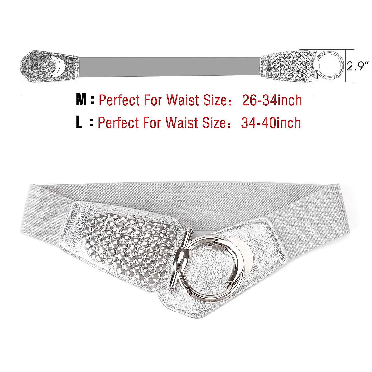 JASGOOD Women's Fashion Vintage Wide Elastic Waist Belt with Rivets Studs, E-Grey, Fit Waist 34"-40"