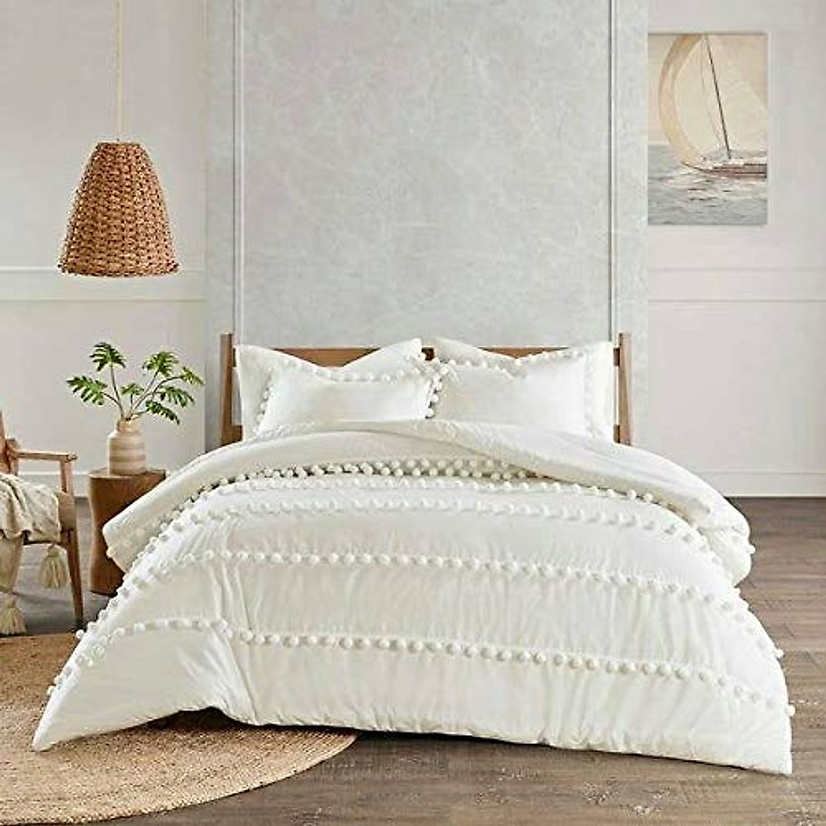 Bohemian Dorm Decor Off White Doona Duvet Cover with Pom Pom Lace Boho Comforter cover Quilt Cover Bedding Sheet Boho Bedspread With 2 Pillowcases 2 Cushion covers Set (Twin Size 60x90 Inches)