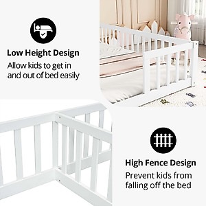Mirightone Double Floor Bed Frames for Kids, Wood Montessori Bed with Fence Rails, Two Twin Bed Frames for Kids Boys Girls Children, White