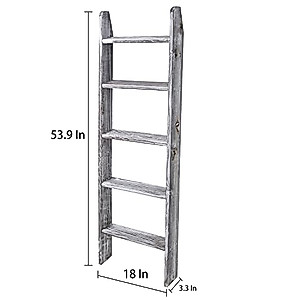Rustic 5-Tier Wall-Leaning Wood Loadder Towel Racks for Bathroom Livingroom Kithen Office Woden Farmhouse Ladder-Style Blanket Rack Multipurpose Organizer Rack for Home (Grey)