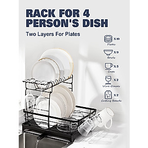 BRONYPRO Dish Drying Rack, 2 Tier Dish Drying Rack for Kitchen Counter, Extra Large Dish Strainer with Drainboard, Dish Organizer with Drying Board, Utensil Holder, Cup Rack, Black