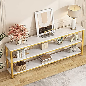 LITTLE TREE 70'' Narrow Long Sofa Console Table with 3-Tier Storage Shelf for Living Room, Faux Marble White & Gold