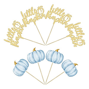 Gyufise 24Pcs Little Pumpkin Cupcake Toppers Blue Pumpkin Cake Toppers Gender Reveal Cake Decorations for Thanksgiving Birthday Baby Shower Fall Theme Party Decoration Supplies